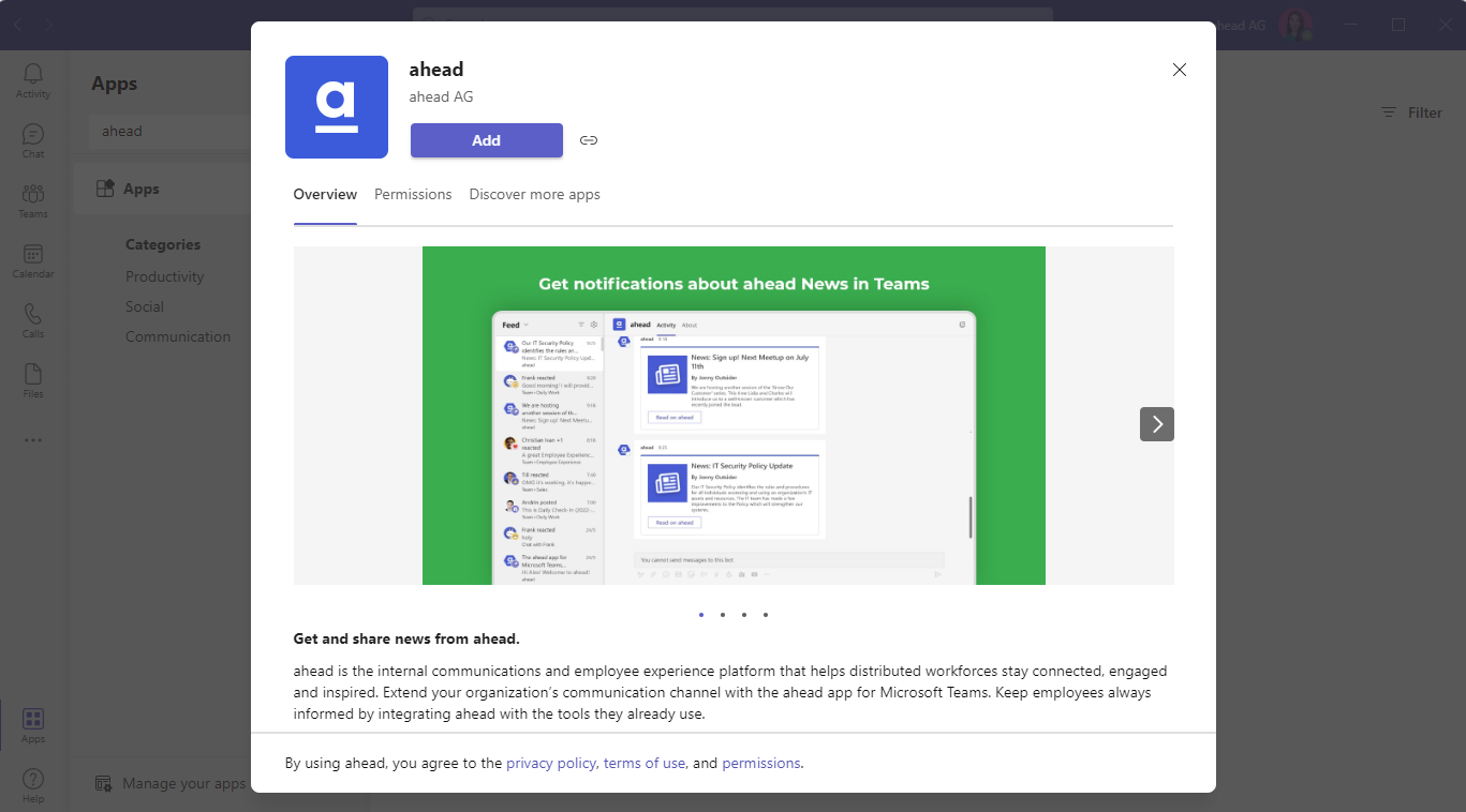 Add the ahead app to Microsoft Teams