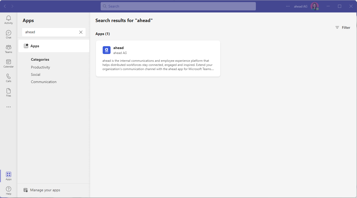Add the ahead app to Microsoft Teams